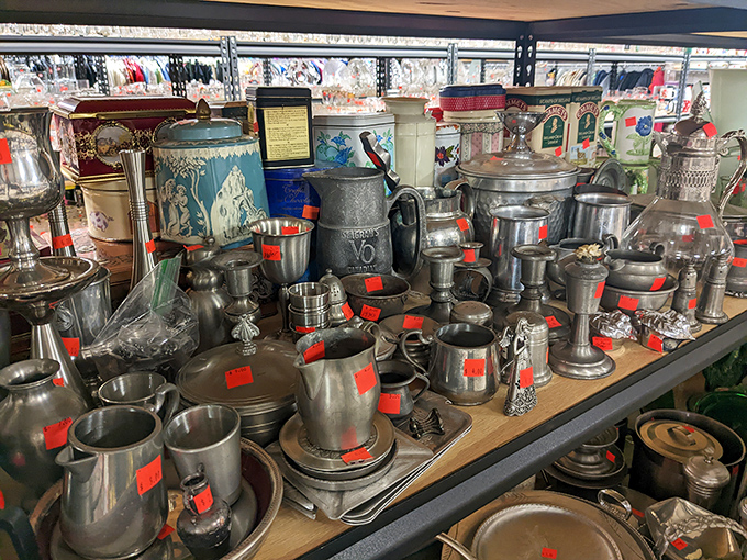 The silverware section shines with enough vintage pewter and metal to outfit a medieval banquet or the most elaborate tea party imaginable.
