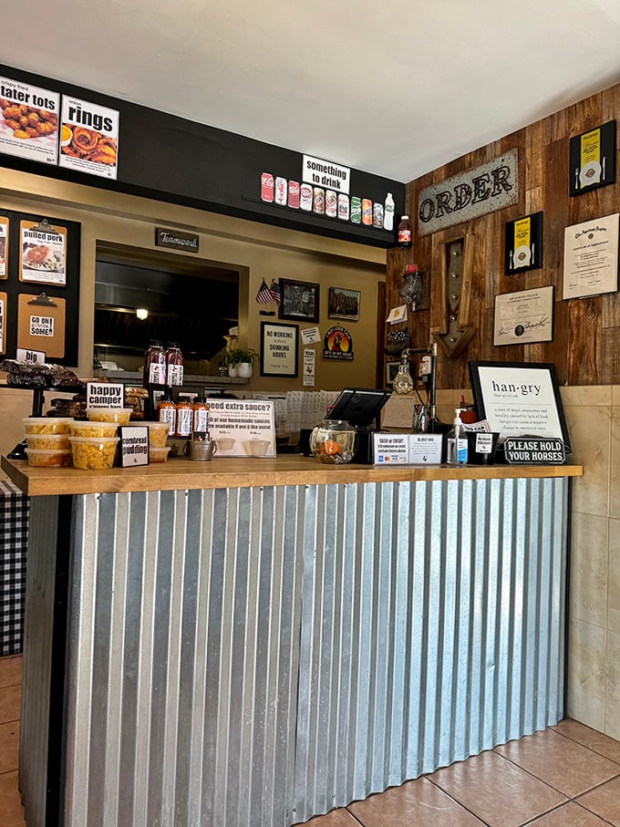 The ordering counter&mdash;where dreams come true, diets go to die, and the corrugated metal reminds you this place means serious, industrial-strength business.
