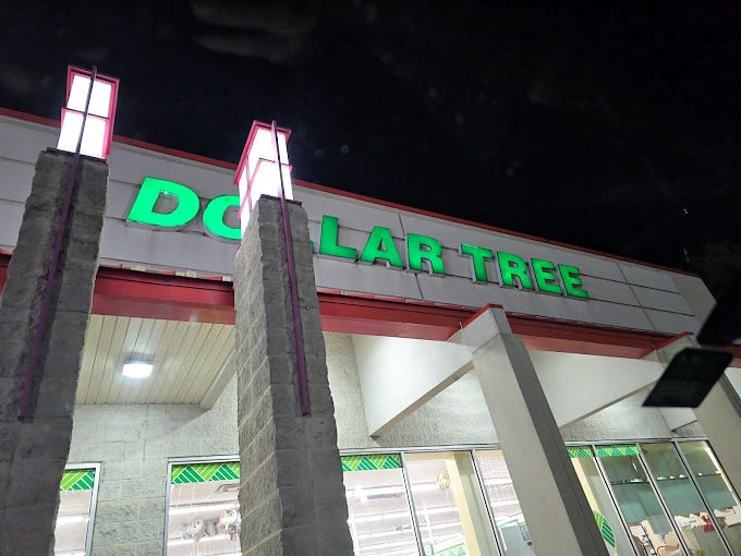Night shopping has its own magic when the Dollar Tree sign illuminates the darkness. Bargain hunting doesn't stop when the sun goes down.