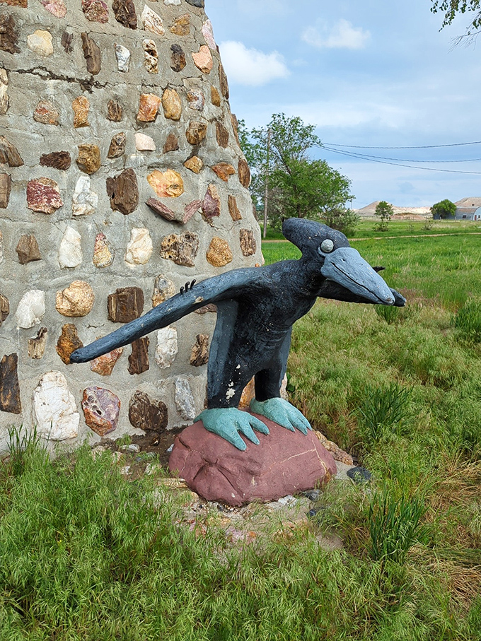 This whimsical roadrunner sculpture adds an unexpected touch of folk art to Scenic's landscape, proving creativity blooms even in ghost towns.