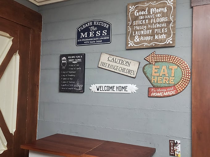 Wall art that doesn't just decorate&mdash;it narrates. "Please excuse the mess" is less apology and more philosophy at this homey establishment.