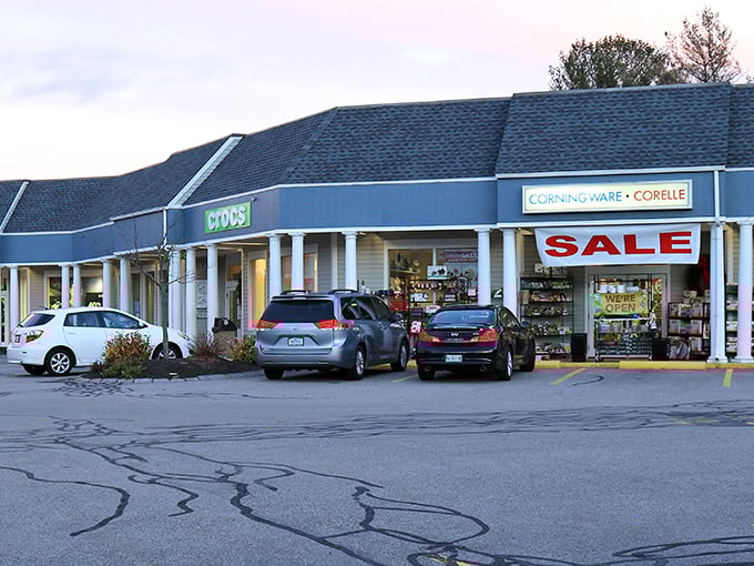 Corning and Crocs share retail real estate in this corner of bargain heaven, where kitchen essentials meet comfortable footwear.