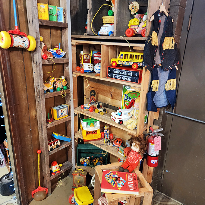 Childhood in wooden shelves. These vintage toys didn't need batteries or Wi-Fi to spark imagination&mdash;just small hands and big dreams.