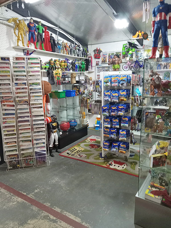 Superhero figures stand at attention like plastic sentinels, guarding collections of Hot Wheels that transport grown men back to childhood afternoons.