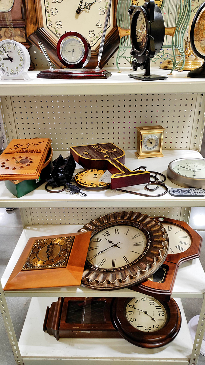 Time literally stands still in the clock section, where vintage timepieces await someone who appreciates their old-school charm.
