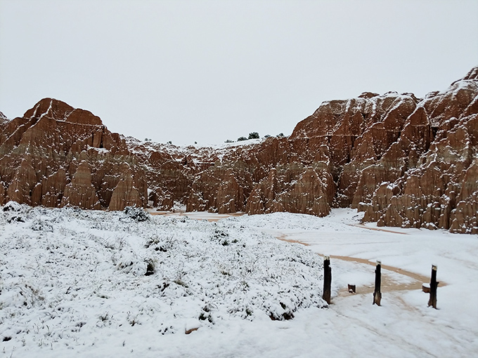 A dusting of snow adds a magical element to the already otherworldly landscape. Nature's version of powdered sugar on a cosmic dessert.