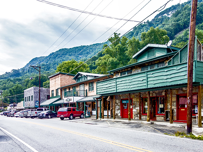 Chimney Rock Village nestles perfectly against the mountains, with buildings that seem to have grown organically from the landscape itself.