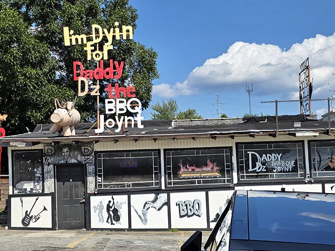 Daddy D'z unforgettable sign tells you this place has personality to spare. That pig on the roof? He's the unofficial greeter!