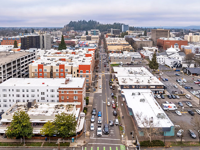 Eugene's downtown grid stretches toward the horizon, a perfect blend of college-town energy and Pacific Northwest laid-back vibes.