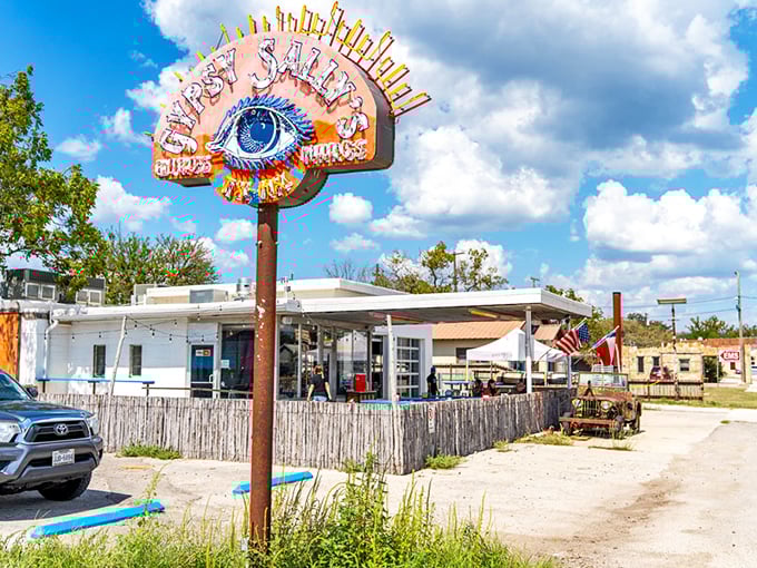 Gypsy Sally's eye-catching sign welcomes visitors to Leakey with a splash of artistic flair.