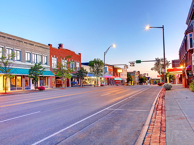 Pastel-colored buildings line the street, offering a cheerful welcome even on the grayest Maine afternoon.