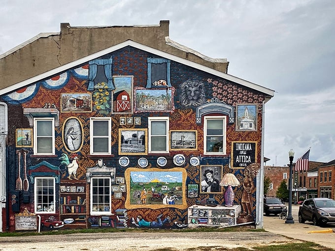 Attica's colorful mural celebrates the town's history and character, turning an ordinary wall into a community treasure.