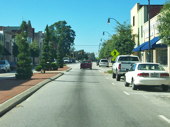 Historic storefronts line Bishopville's main drag, where retirement dollars go further than they would in bigger cities.
