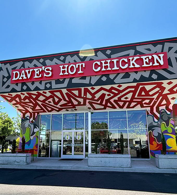Bold patterns and bright colors telegraph Dave's mission. This isn't your grandma's chicken joint&mdash;unless your grandma was a street artist.