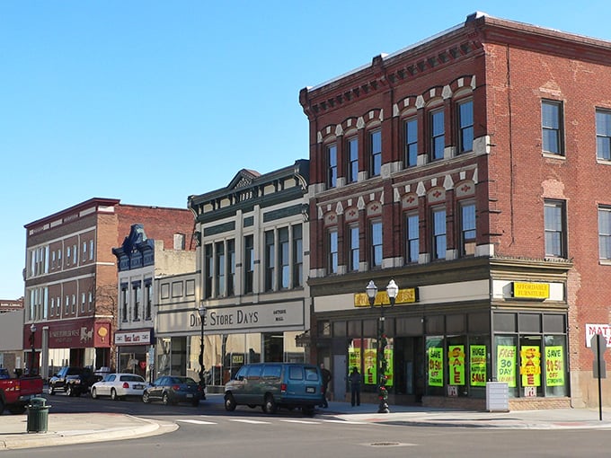 Fremont's well-preserved downtown district features brick buildings housing local businesses and affordable shopping options.