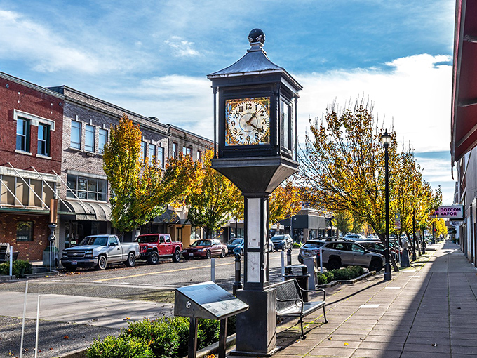 Longview's vintage clock stands sentinel over a downtown where time moves at a gentler pace.
