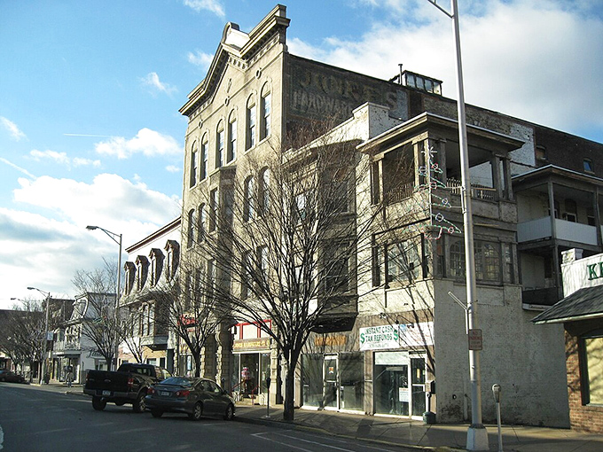 Historic Shamokin Hardware building stands tall on a quiet downtown street, preserving the town's coal country heritage.