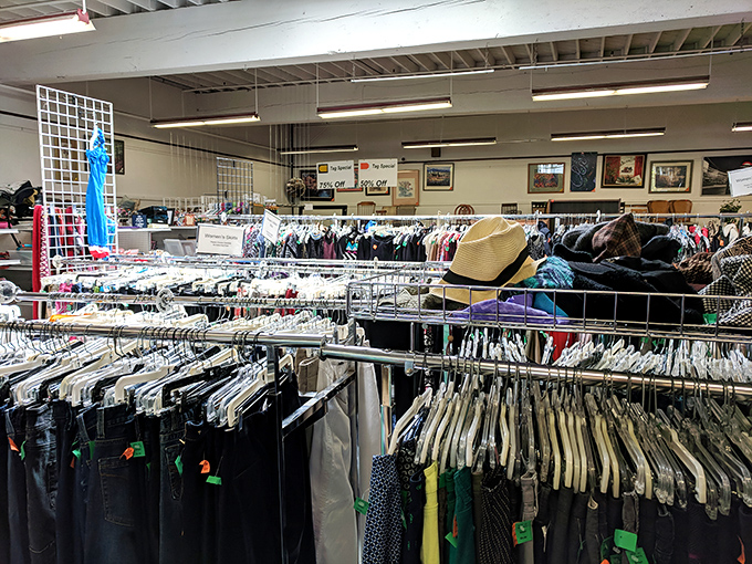 Racks of carefully curated clothing await new owners. The organization here makes Marie Kondo look like an amateur.