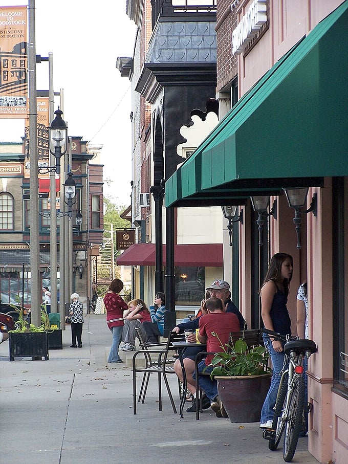 Victorian storefronts create a perfect frame around Illinois' most photogenic courthouse and clock tower.