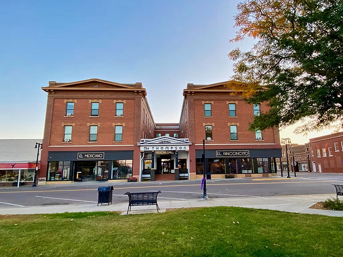 Classic small-town storefronts line Worthington's inviting main street. The kind of place where "running a quick errand" turns into catching up with three neighbors.