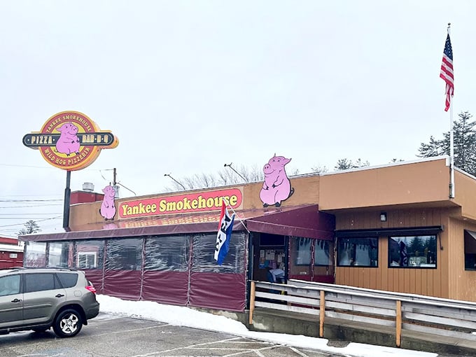 Even in winter, Yankee Smokehouse's warm glow beckons. Snow outside, smoke inside&mdash;a perfect New Hampshire BBQ equation.