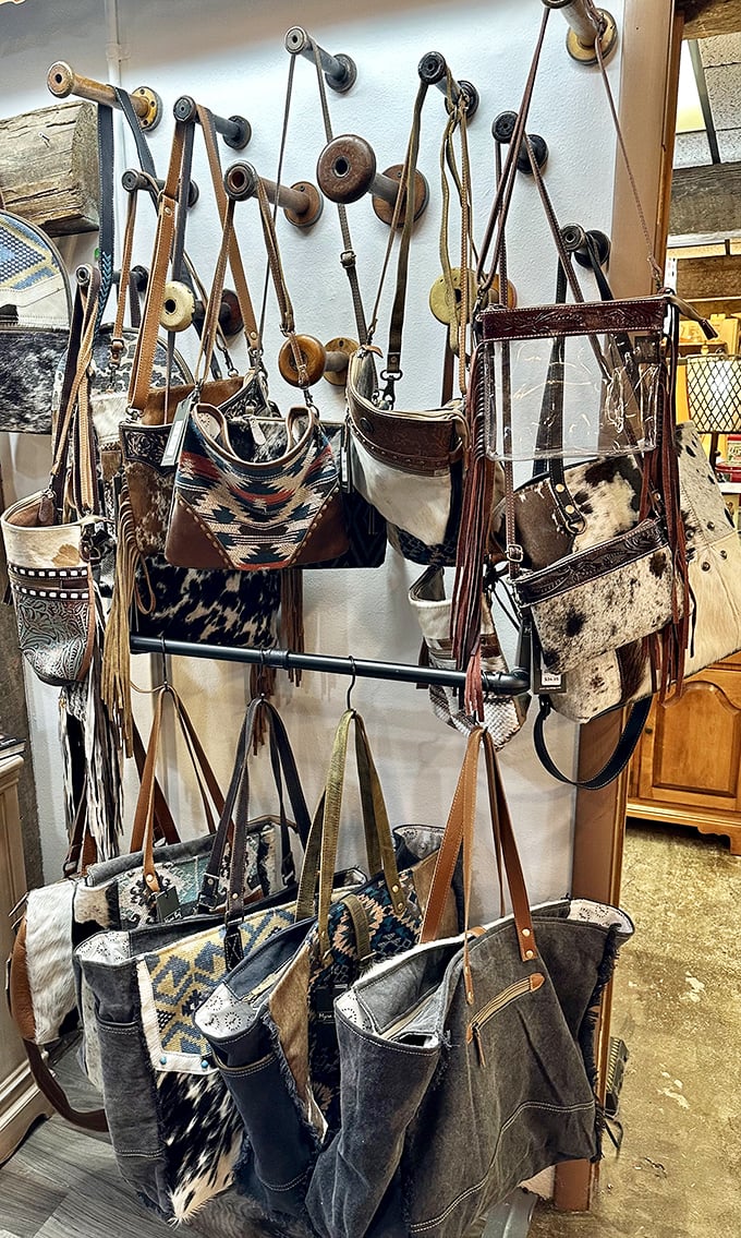 Cowhide meets craftsmanship in this display of Western-inspired handbags. Each one tells a different story of the American frontier.