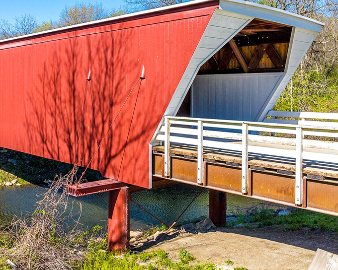The iconic covered bridge spans gracefully, connecting past and present like a scene from yesteryear.