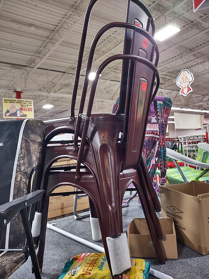 Metal chairs stacked like a modern art installation. Industrial chic for your kitchen at prices that won't industrialize your credit card.