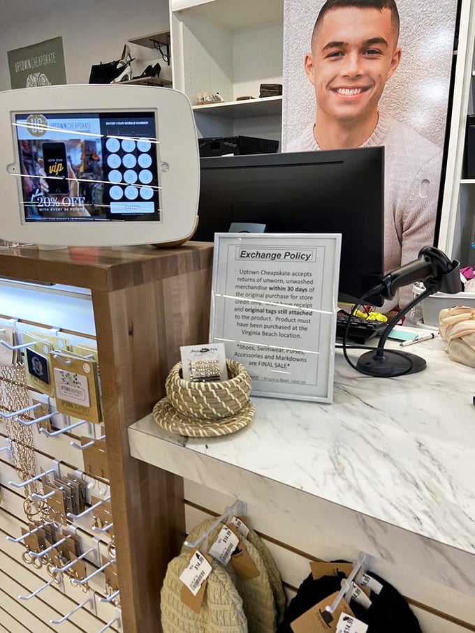 The checkout counter doubles as fashion central, where gift cards await and exchange policies promise peace of mind with your preloved purchases.