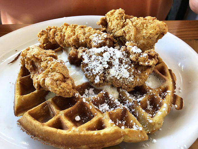 Chicken and waffles: The breakfast-lunch alliance that proves some of history's greatest partnerships involve crispy coating and maple syrup.