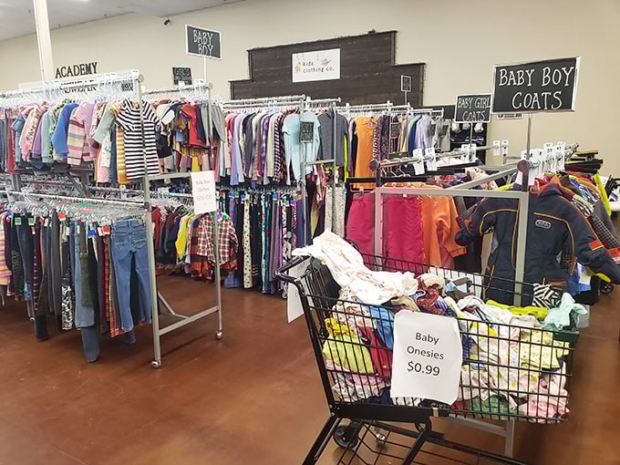 The children's clothing section, where tiny fashions and baby essentials await new little ones, proving kids grow faster than your grocery bill during inflation.