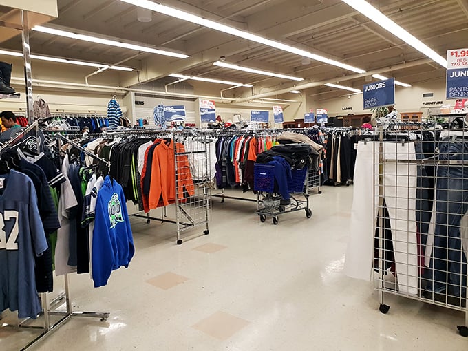 The clothing section—where fashion time travel happens daily and yesterday's trends wait patiently for their inevitable comeback.