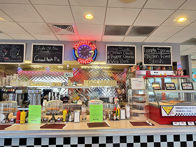 The neon clock glows above a counter that's seen decades of coffee cups, where daily specials on chalkboards promise comfort food that never goes out of style.