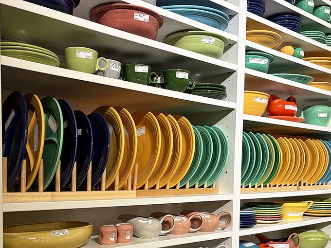 Fiestaware heaven! A rainbow of American ceramic history arranged with the precision of a color theorist with OCD tendencies.