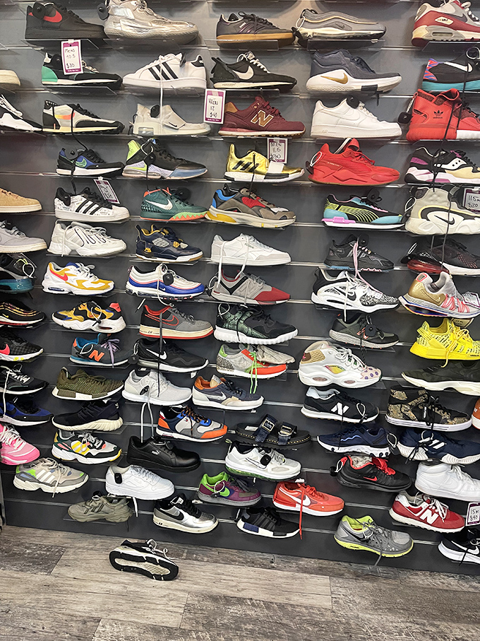 Sneakerhead heaven exists, and it's in Duluth. This wall of footwear features more coveted kicks than most collectors' personal archives.