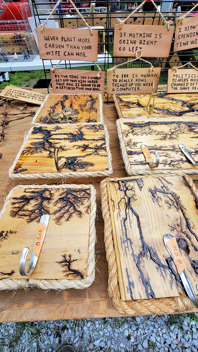 Electricity meets artistry in these fractal-burned wooden hooks. Accompanied by folksy wisdom signs that deliver life advice with a side of chuckle.