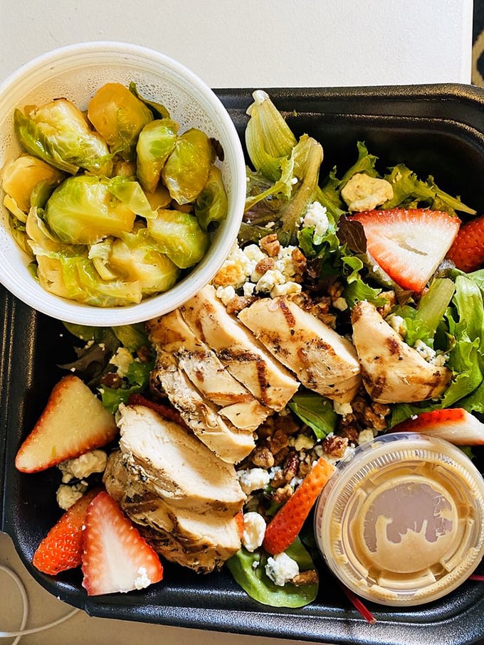 A salad that actually satisfies! Perfectly grilled chicken, fresh strawberries, and those Brussels sprouts that might convert even the most dedicated vegetable skeptic.