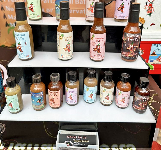 Hawaiian Hot T's sauces line up like liquid sunshine in bottles. Your mainland scrambled eggs will never forgive you if you don't bring some home.
