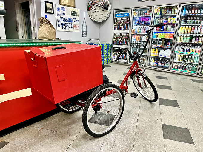 The delivery tricycle stands ready &ndash; because when pizza this good needs to travel, it deserves its own specialized transportation system.