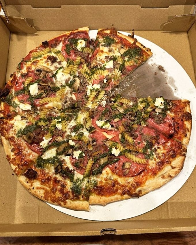 This pizza looks like it was designed by an Italian chef who vacationed in Kentucky and came back with some wild ideas.