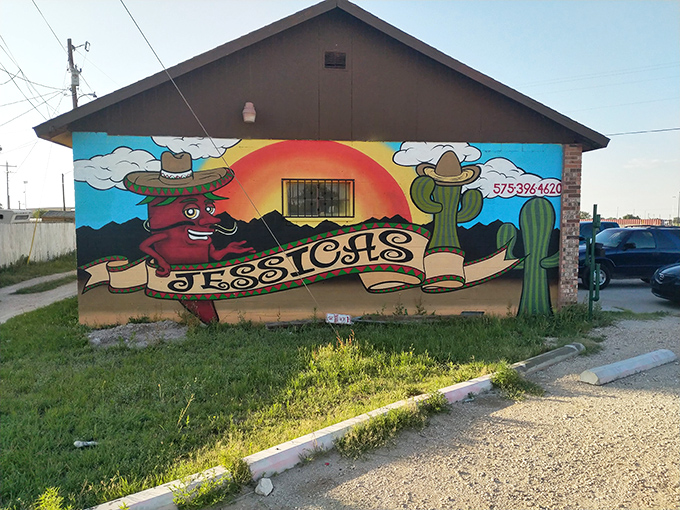 Jessica's Mexico Lindos announces itself with a cheerful mural featuring a chili pepper character that practically dances across the building's facade.