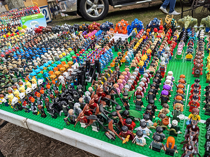 A miniature plastic civilization stands at attention, hundreds of Lego figures organized with a dedication that would impress Marie Kondo herself.