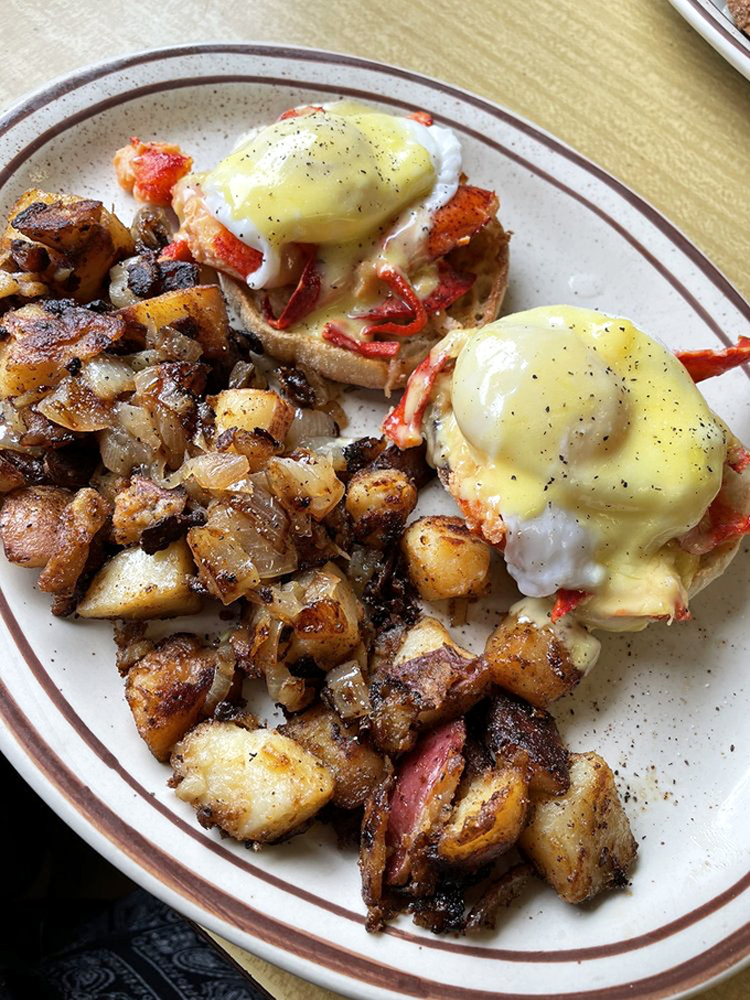 The Lobster Benedict—where New England tradition meets breakfast indulgence. Those crispy home fries are the supporting actors who deserve their own Oscar.