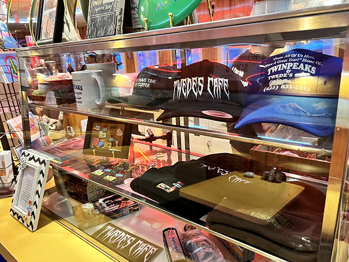 The merch display proves you're not just at a diner, you're at a cultural landmark worthy of taking home a souvenir.