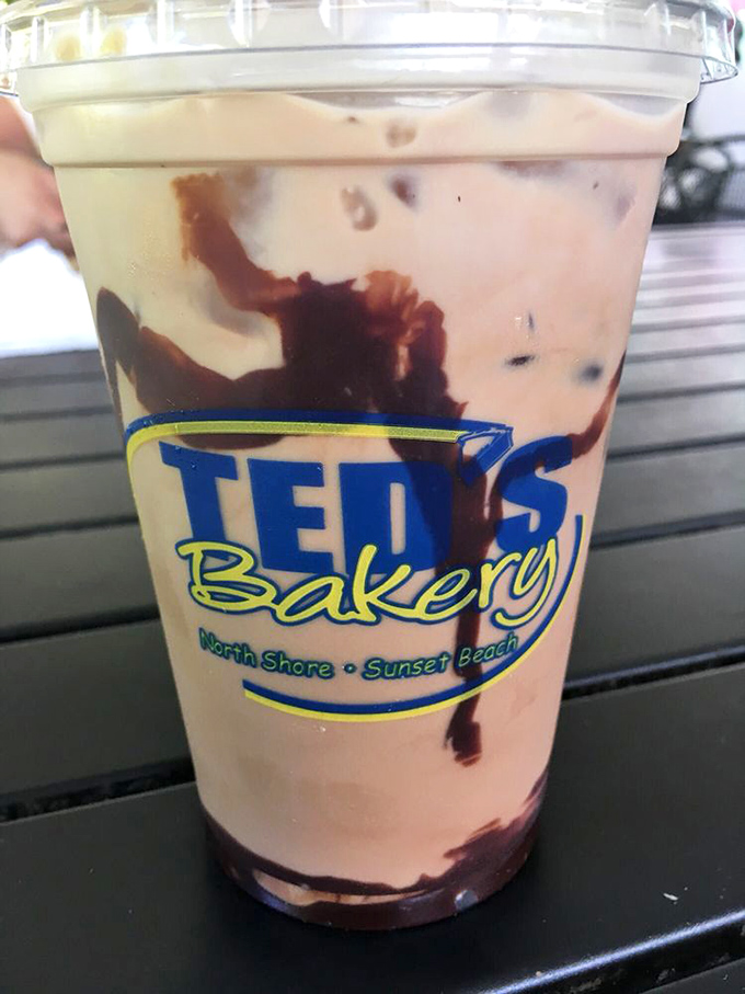Ted's signature mocha drink swirls with chocolate ribbons, creating a caffeinated work of art that's almost too pretty to drink. Almost.