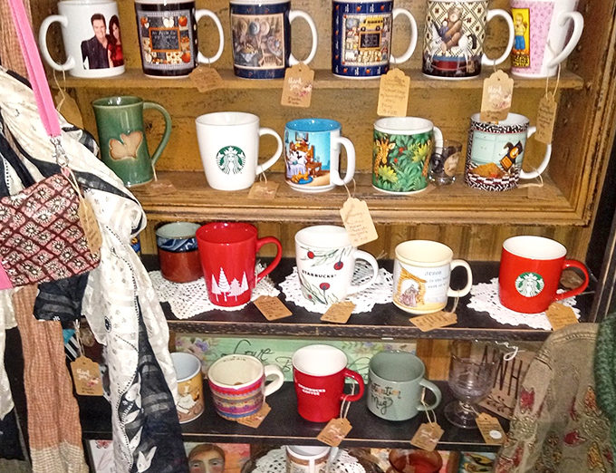 Mug collectors, brace yourselves&mdash;this shelf holds morning coffee vessels for every personality type. That Starbucks cup has traveled less miles than the vintage diner mug beside it.