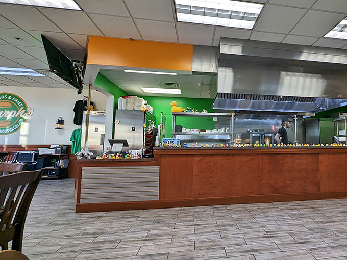 The open kitchen and bright green walls mean you can watch your burger being crafted into edible perfection.