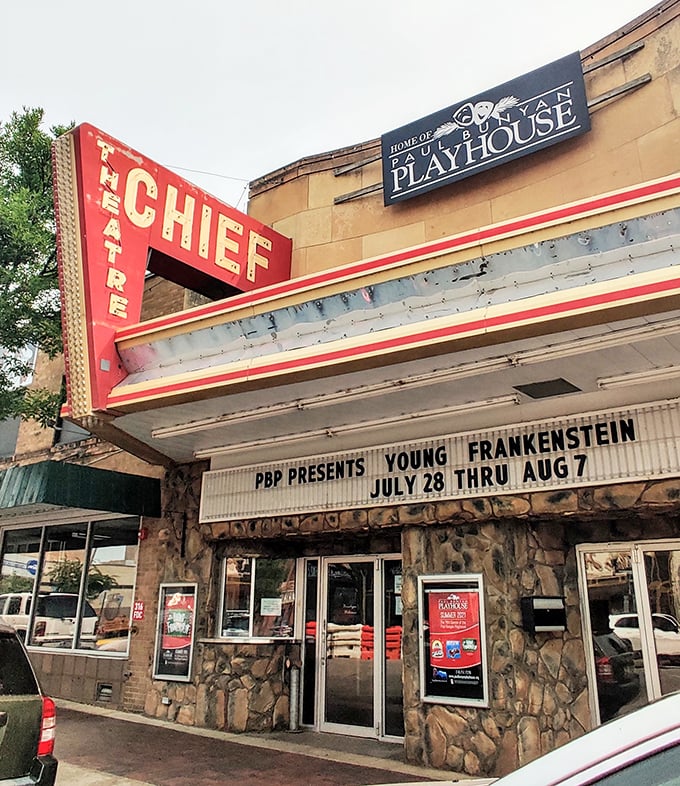 The historic Chief Theatre now houses the Paul Bunyan Playhouse, where culture and entertainment thrive beneath a classic marquee that screams Americana.