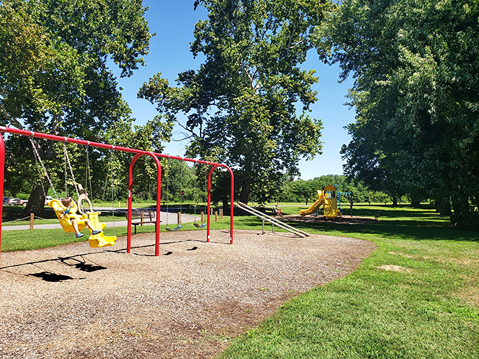This playground may not have virtual reality or touch screens, but the joy of simple swings never needs a software update.