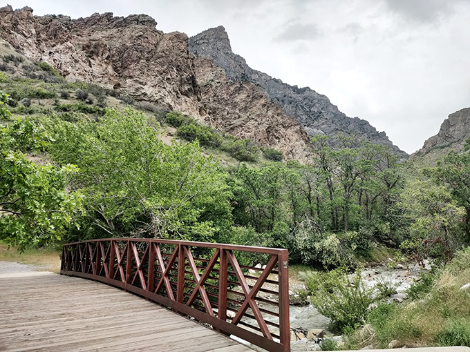 A rustic bridge invites exploration into Rock Canyon's rugged beauty. Nature's version of "come on in, the scenery's fine!"
